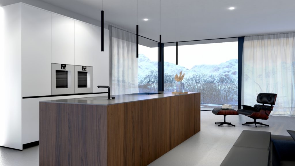 COCINA CON ISLA EN MADERA, BLANCO BRILLO Y GOLA NEGRA - Fabrica de ...