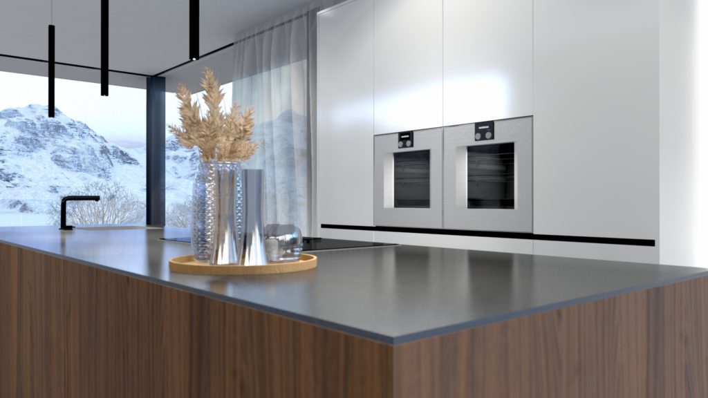 COCINA CON ISLA EN MADERA, BLANCO BRILLO Y GOLA NEGRA - Fabrica de ...