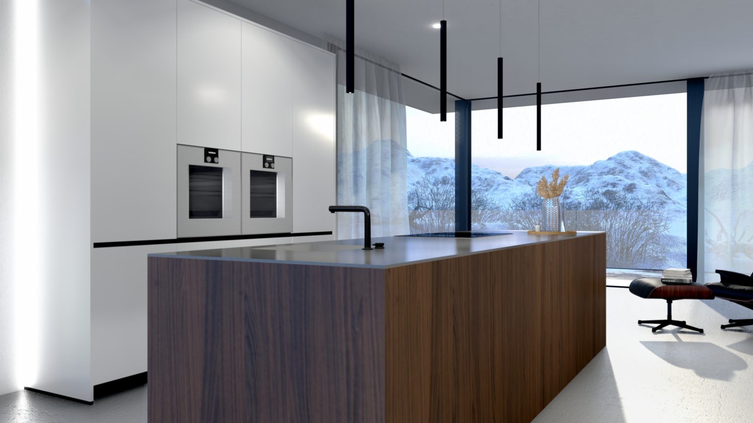 COCINA CON ISLA EN MADERA, BLANCO BRILLO Y GOLA NEGRA - Fabrica de ...