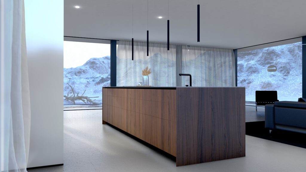COCINA CON ISLA EN MADERA, BLANCO BRILLO Y GOLA NEGRA - Fabrica de ...